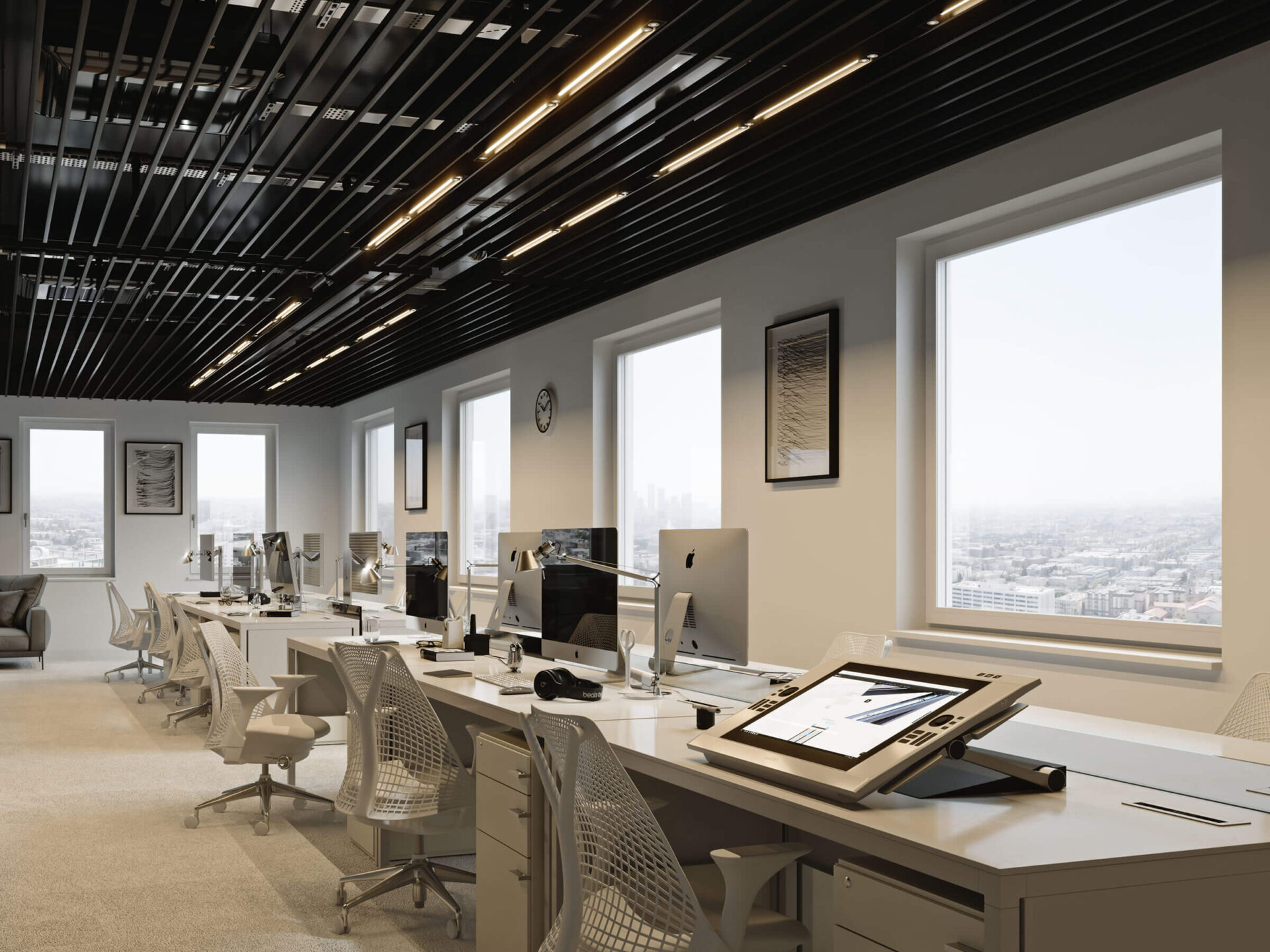 Nowoczesne biuro o minimalistycznym wystroju z białymi oknami PIXEL ...